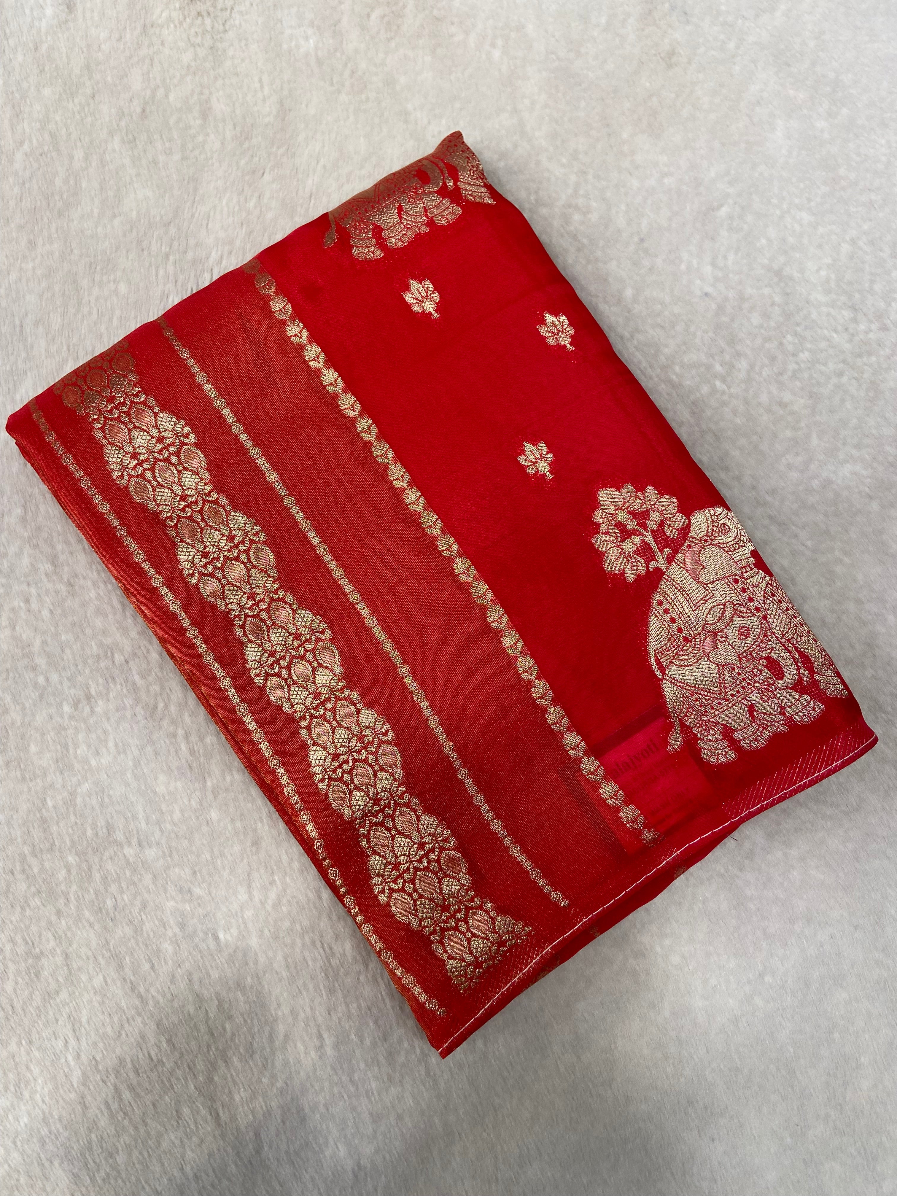 Pure Chinnon Saree (Pinkish Red)🐘 – Kanjeevaram Silk Mandir